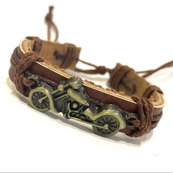 Jewelry | Leather Motorcycle Bracelet Biker Brown Antique Gold Tone ...